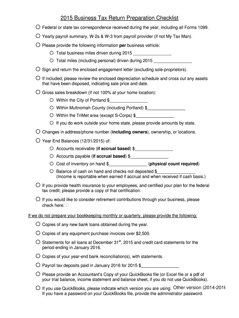 Fillable Online mytaxman 2015 Business Tax Return Preparation Checklist ...