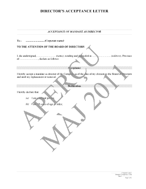 Fillable Online DIRECTORS ACCEPTANCE LETTER Fax Email Print - pdfFiller