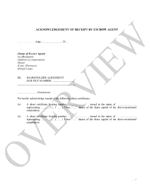 Fillable Online ACKNOWLEDGEMENT OF RECEIPT BY ESCROW AGENT SHAREHOLDERS ...