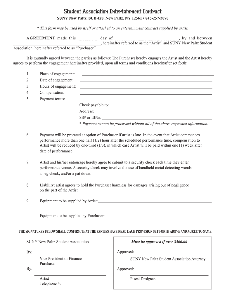 Fillable Online Student Association Entertainment Contract Fax Email ...