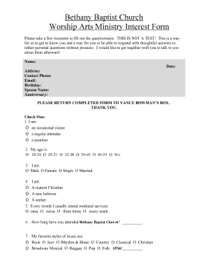 Fillable Online Bethany Baptist Church Worship Arts Ministry Interest ...