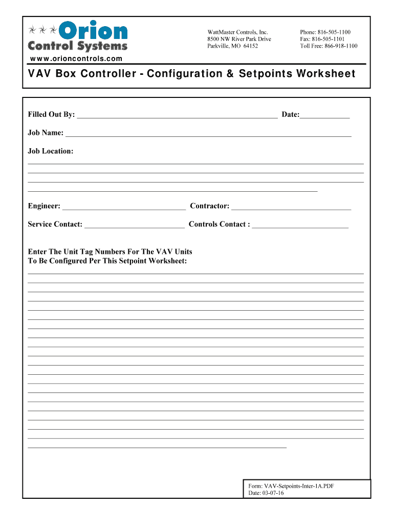 Fillable Online VAV Box Controller - Configuration & Setpoints ... - Orion Controls Fax Email ...