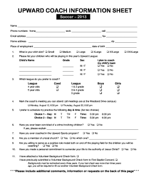 Fillable Online UPWARD COACH INFORMATION SHEETUPWARD COACH INFORMATION ...