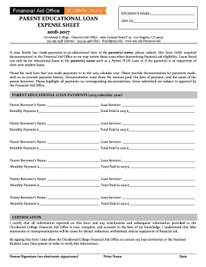 Fillable Online Parent educational loan expense sheet 2016 ... - Occidental College Fax Email ...