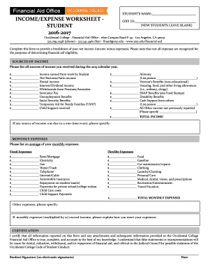 Fillable Online STUDENTS NAME INCOMEEXPENSE WORKSHEET - OXY ID STUDENT Fax Email Print - pdfFiller