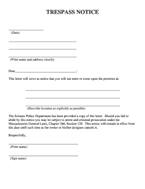 Fillable Online scituatepolice Trespass notice - Scituate Police ...