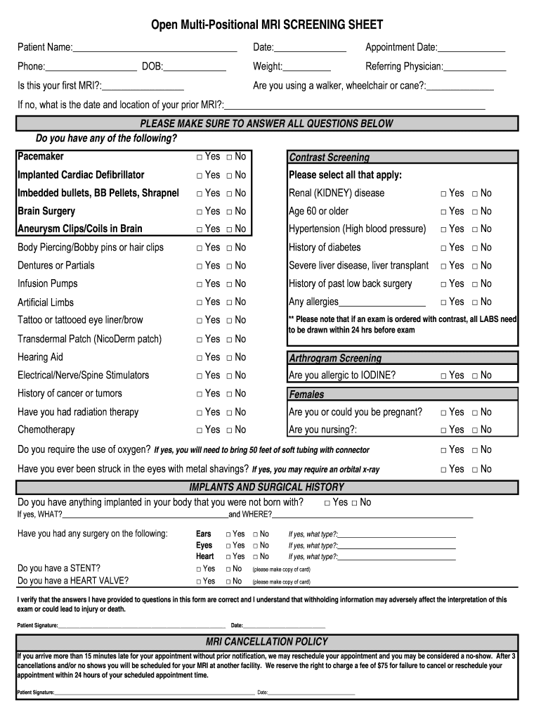 Fillable Online New MRI Screening Sheet 12 - Hampton Roads Orthopaedics ...