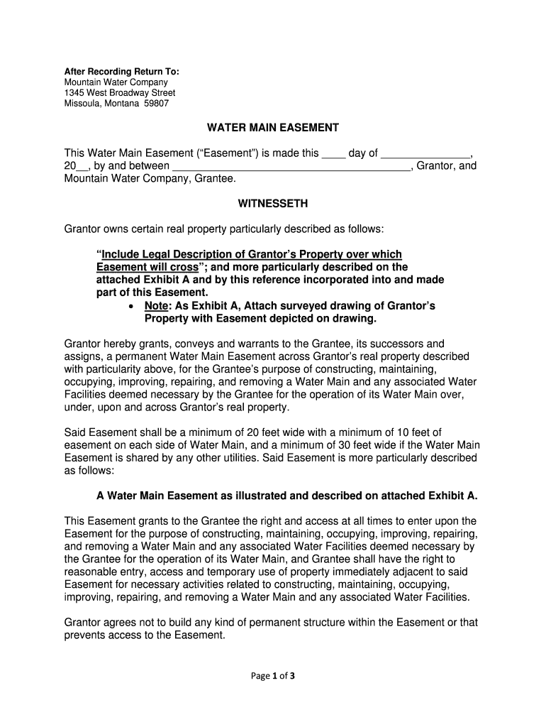 Fillable Online Water Main Easement Example Template - Mountain Water ...