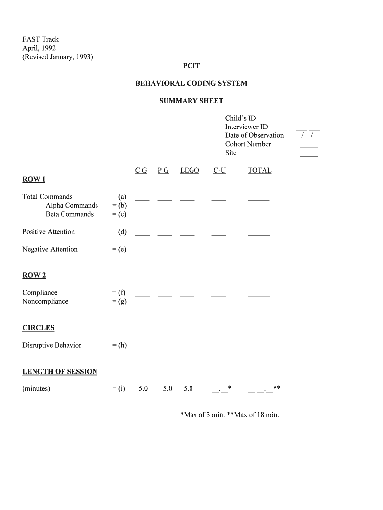 Fillable Online fasttrackproject Behavioral Coding System (PCIT-BCS ...