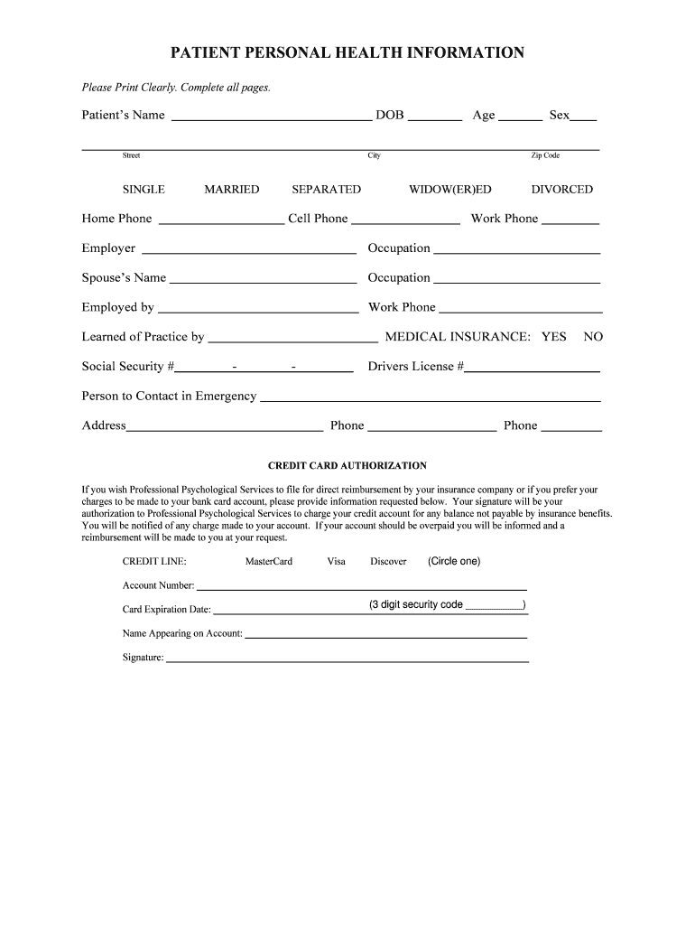 Fillable Online PATIENT PERSONAL HEALTH INFORMATION Fax Email Print ...