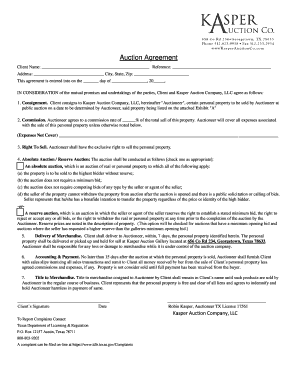 Fillable Online Auction Agreement - Kasper Auction Company Fax Email ...