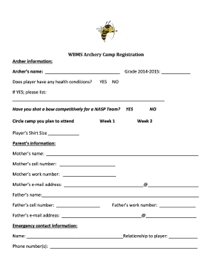 Fillable Online wbm rcschools WBMS Archery Camp Registration Archer ...
