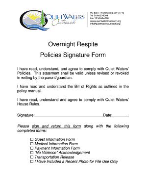 Fillable Online quietwatersoutreach Overnight Respite Policies ...
