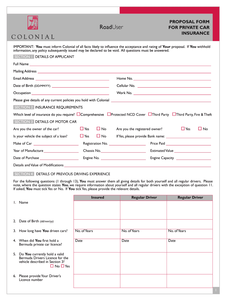 Fillable Online RoadUser Motor Car Proposal Form - Bermuda - Colonial ...