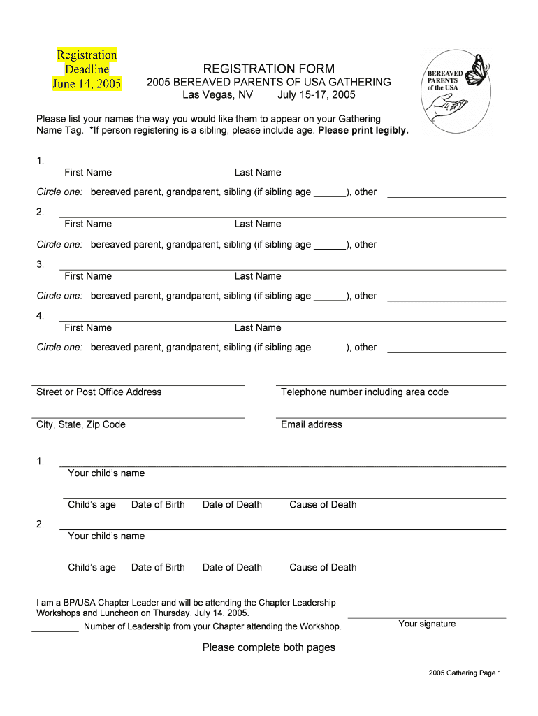 Fillable Online bereavedparentsusa Gathering Registration Form ...