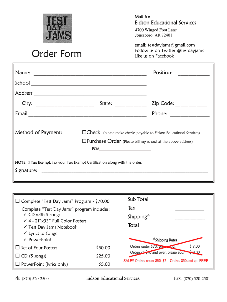 Fillable Online To download a printable order bformb - Test Day Jams ...
