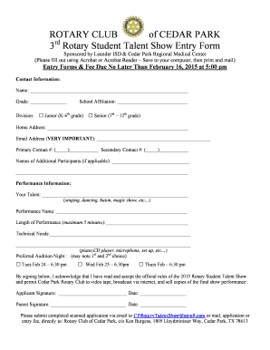 Fillable Online rotaryclubofcedarpark 2015 Talent Show Application ...