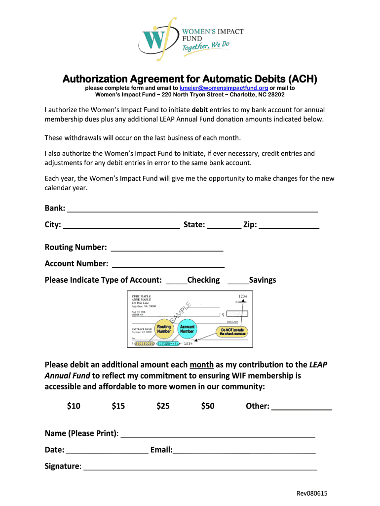 Fillable Online womensimpactfund Authorization Agreement for Automatic Debits (ACH) - Women's ...