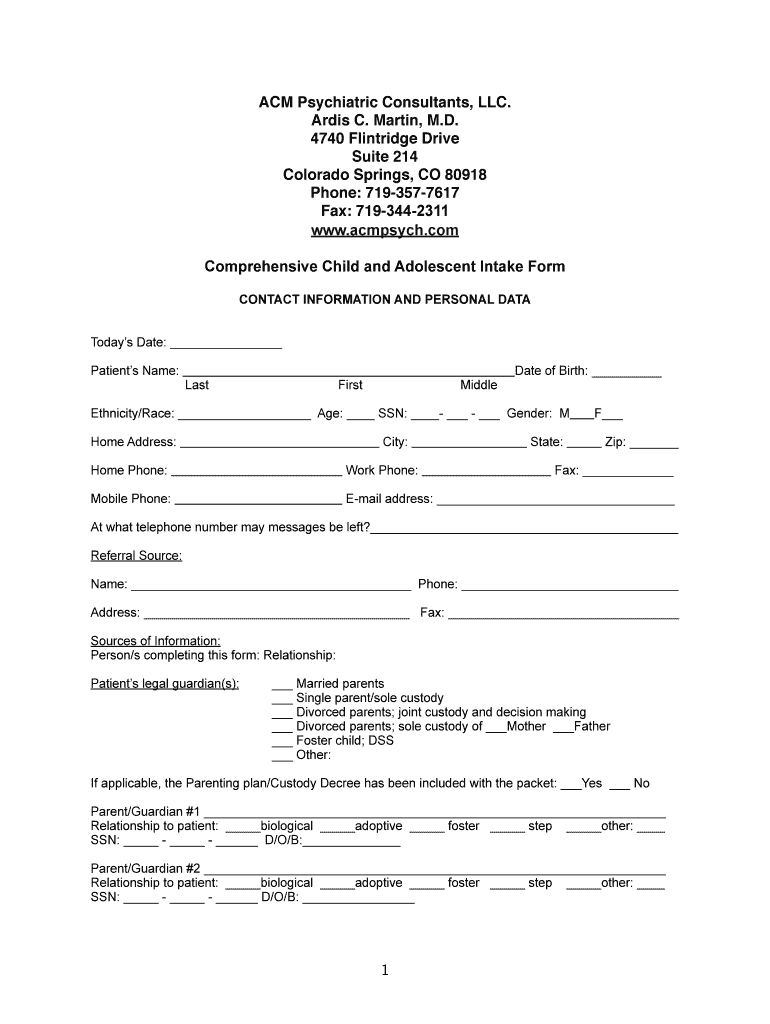 Fillable Online Child Intake Form - ACM Psychiatric Consultants LLC Fax ...