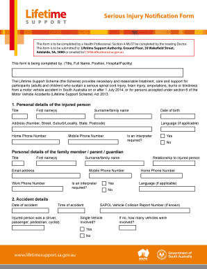 Fillable Online lifetimesupport sa gov Serious Injury Noti cation Form ...