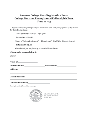 Fillable Online Summer College Tour Registration Form College Tour 1 ...
