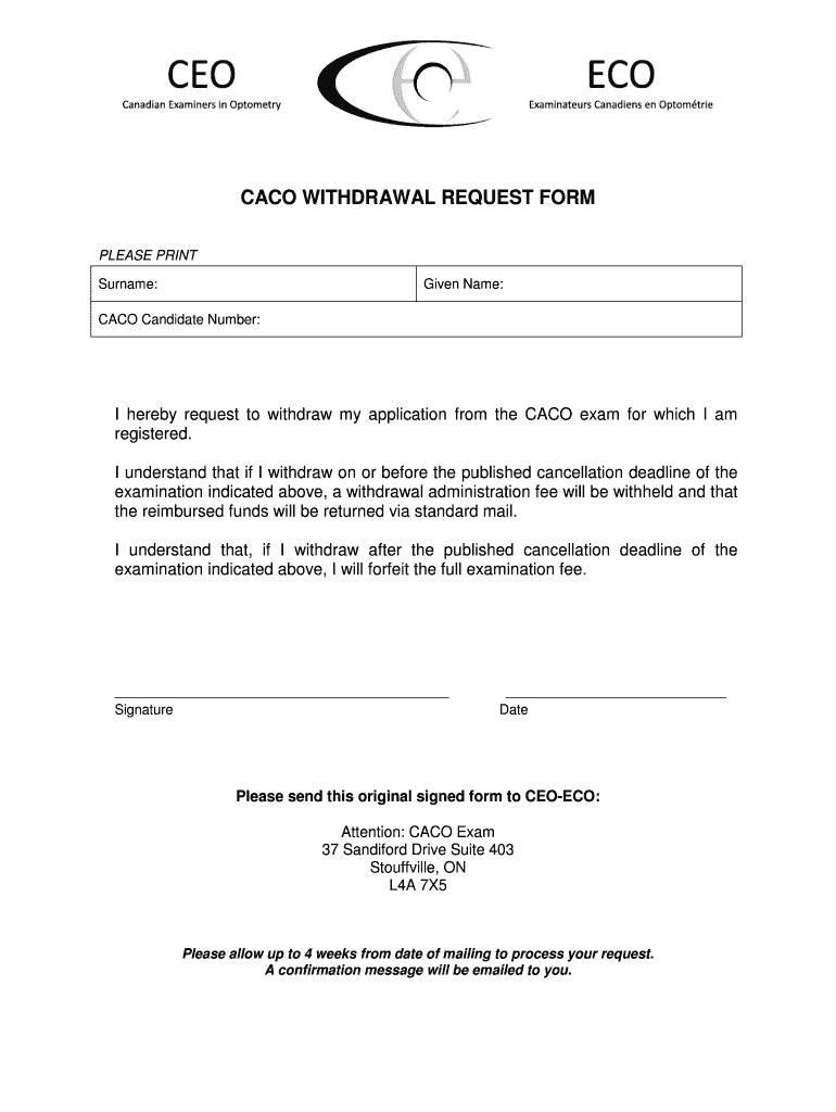 Fillable Online ceo-eco CACO WITHDRAWAL REQUEST FORM - bCEOb-bECOb ...
