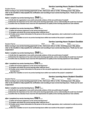 Fillable Online Service Learning Hours Student Checklist Service ...