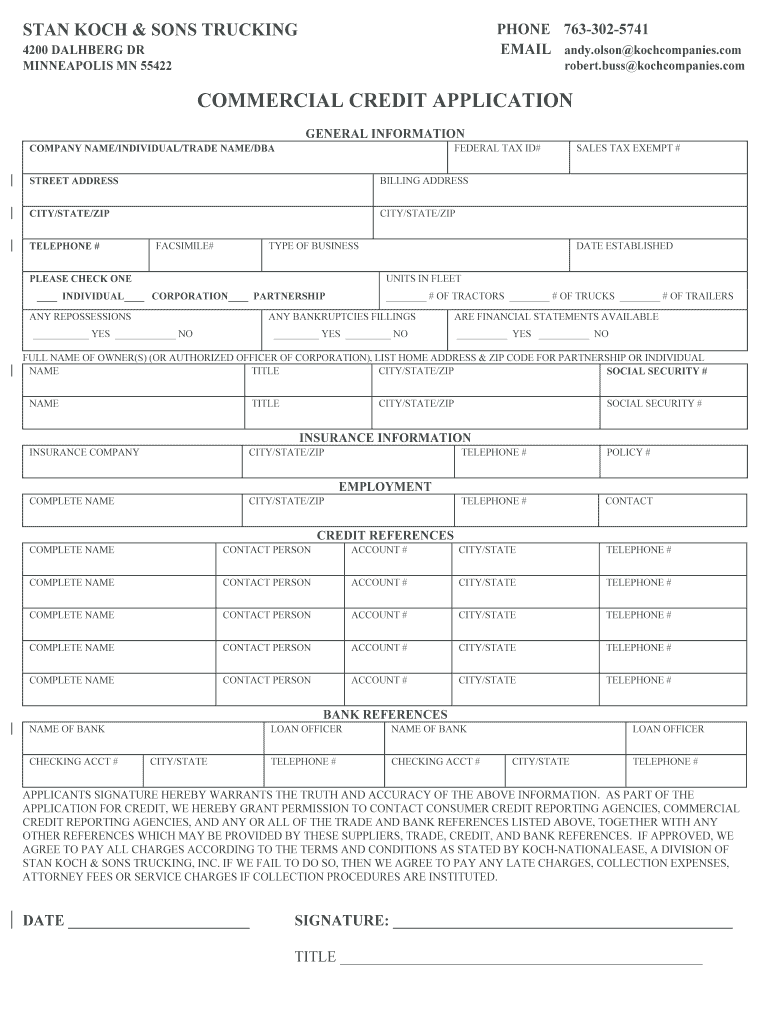 Fillable Online kochtrucking COMMERCIAL CREDIT APPLICATION - Koch Trucking Fax Email Print ...