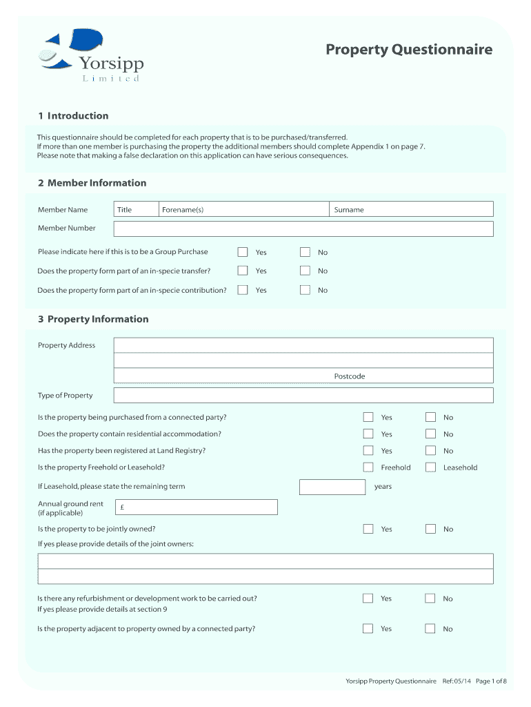 Fillable Online SIPP Property Purchase Questionnaire - Yorsipp Fax ...