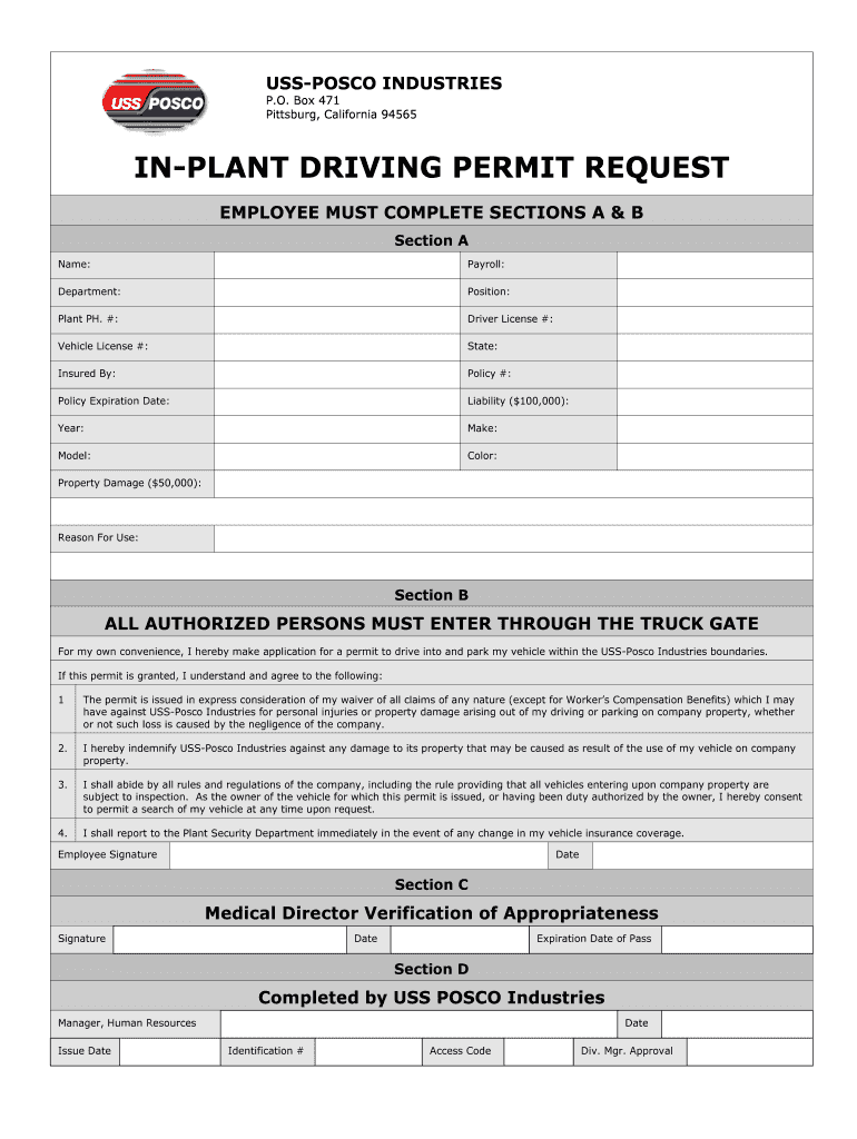 Fillable Online USS-POSCO Industries - Human Resources In-Plant Driving ...