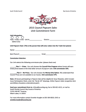 Fillable Online 2015 Council Popcorn Sales Unit Commitment Form ...