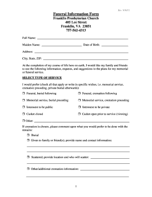 Fillable Online franklinpresbyterianchurch Funeral Information Form ...