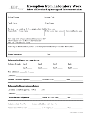Fillable Online scoff ee unsw edu Lab Exemption Form - Current Students ...
