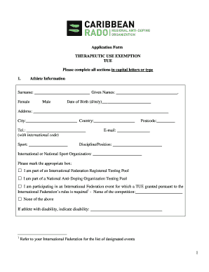 Fillable Online Application Form THERAPEUTIC USE EXEMPTION TUE Please ...
