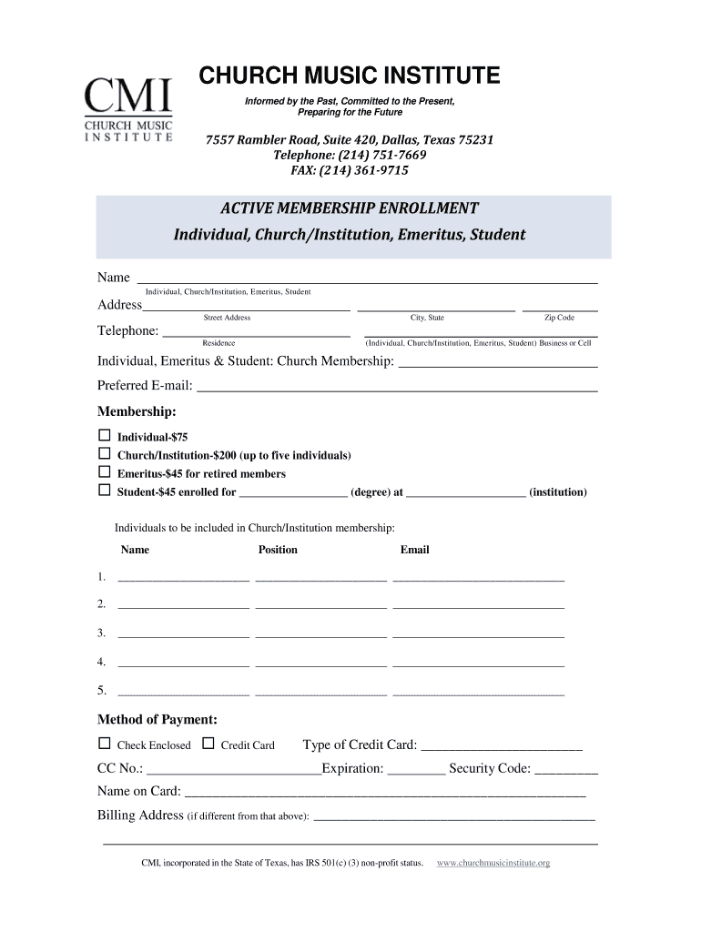 Fillable Online churchmusicinstitute CMI Membership Form - PDF - Church ...