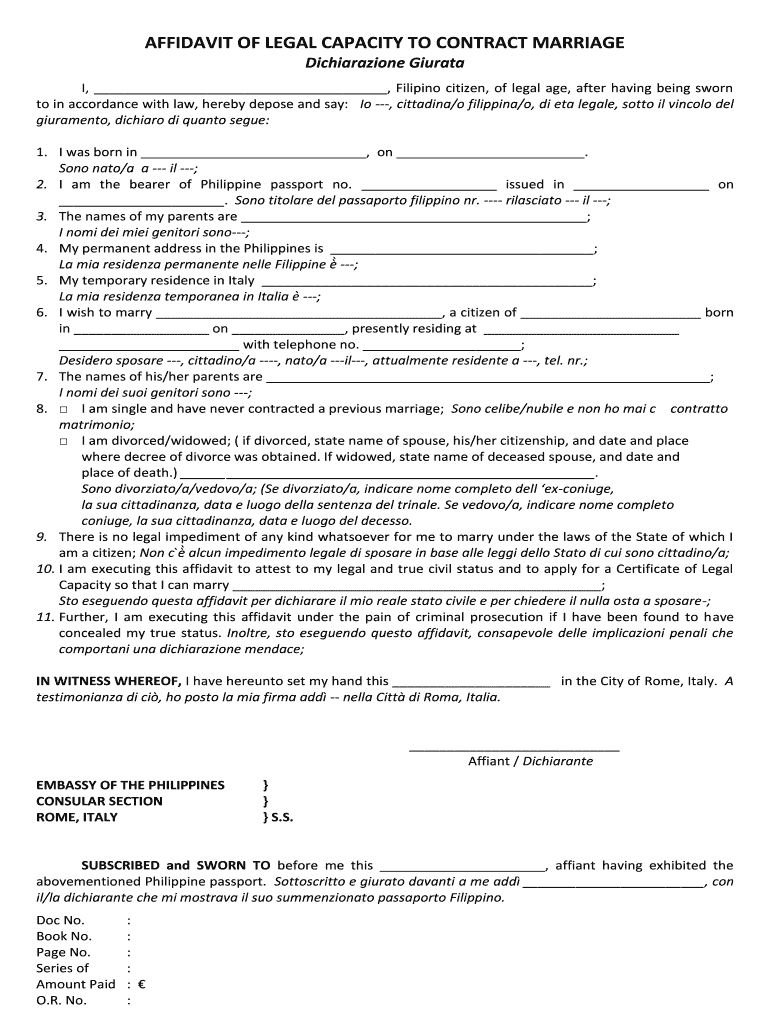 Fillable Online AFFIDAVIT OF LEGAL CAPACITY TO CONTRACT MARRIAGE Fax ...