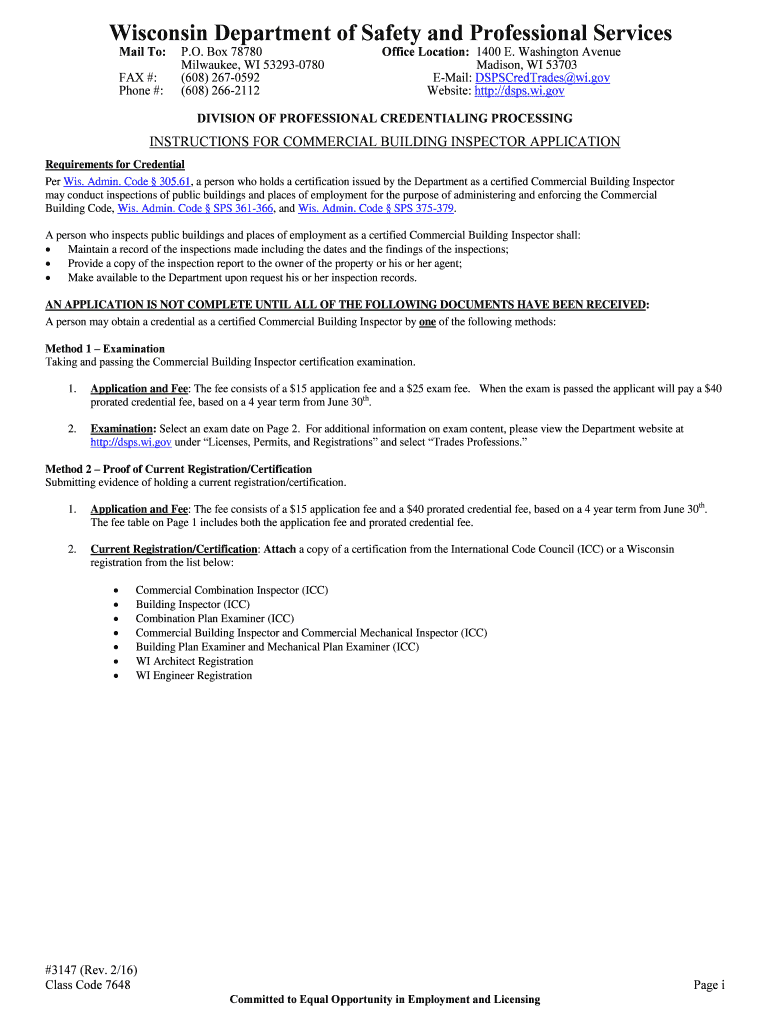 Fillable Online dsps wi INSTRUCTIONS FOR COMMERCIAL BUILDING INSPECTOR ...