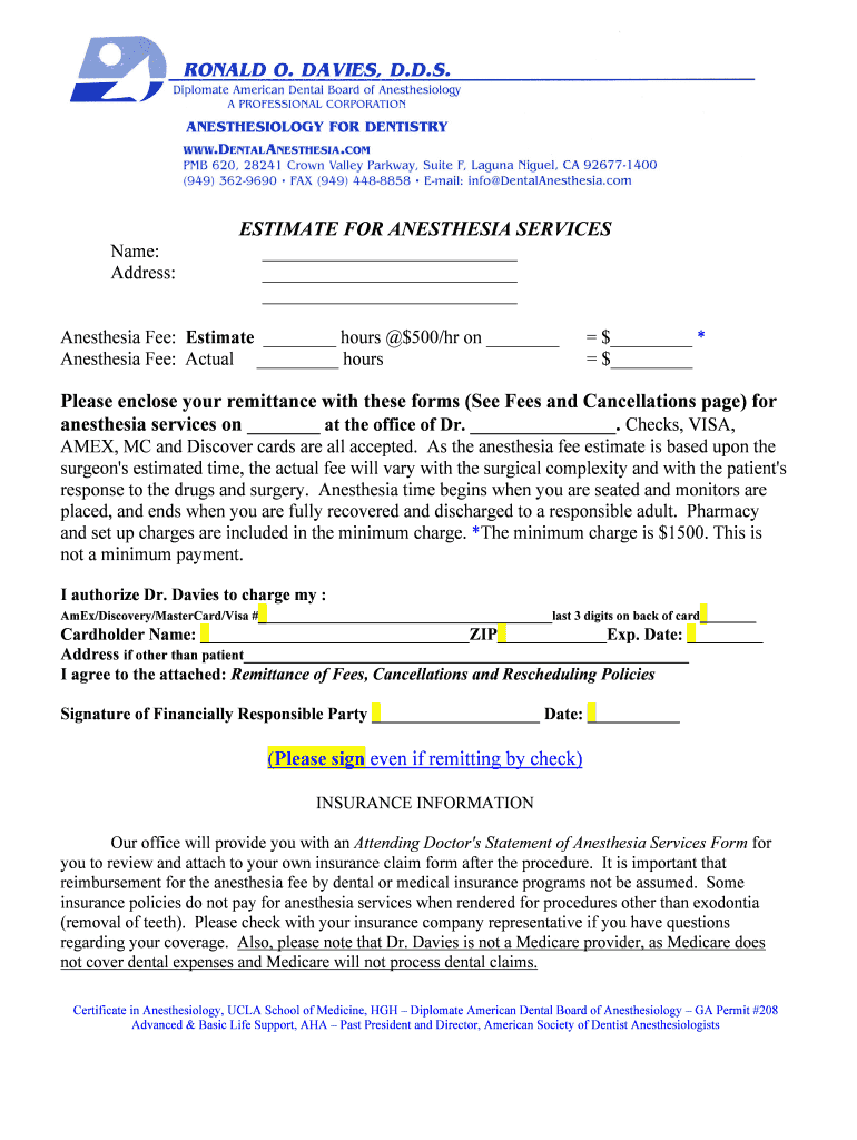 Fillable Online ESTIMATE FOR ANESTHESIA SERVICES Fax Email Print ...