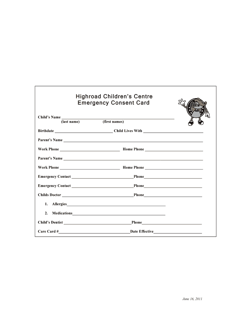 Fillable Online Preschool Emergency Consent Form February 2013 Fax ...