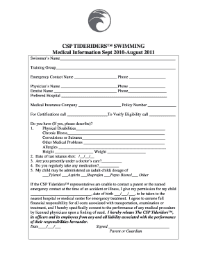 Fillable Online CSP TIDERIDERS SWIMMING Medical Information Sept 2010 ...
