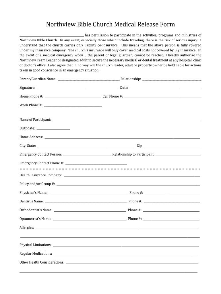 Fillable Online nbcspokane Northview Bible Church Medical Release Form ...