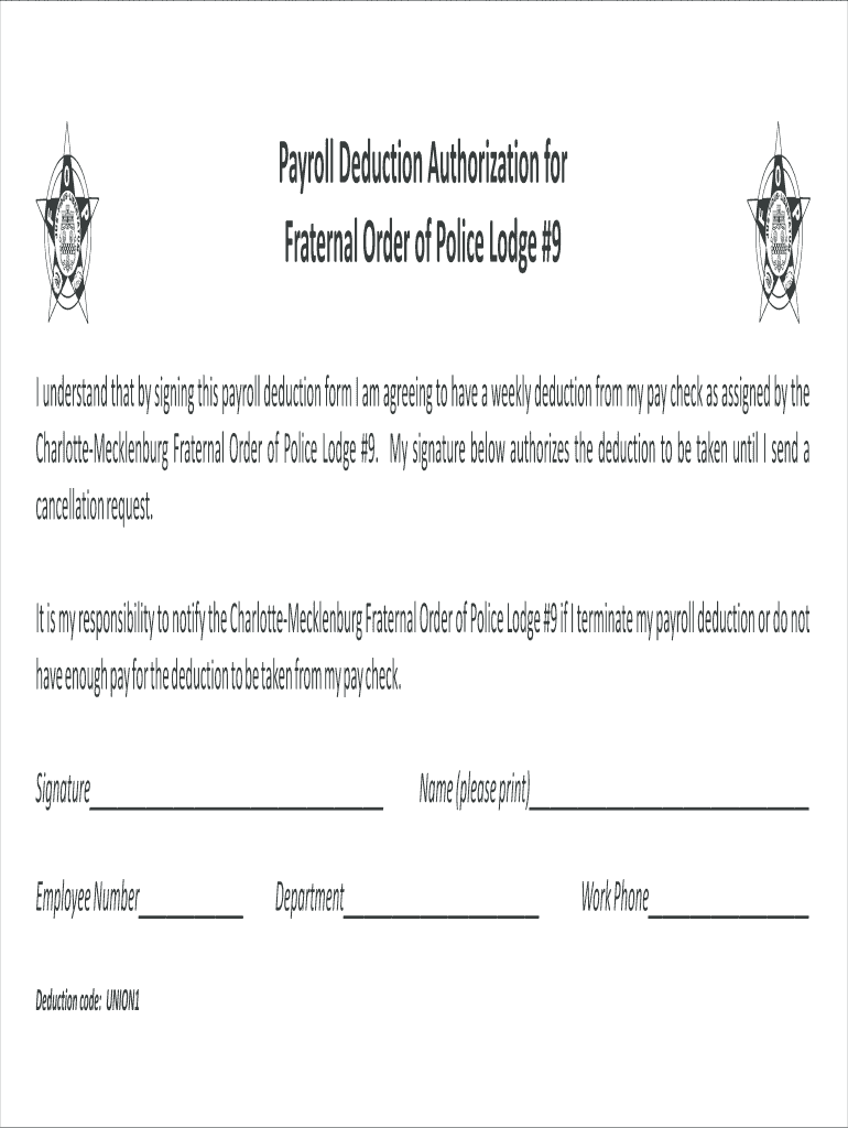 Fillable Online 0 Payroll Deduction Authorization for Fraternal Order of Fax Email Print - pdfFiller