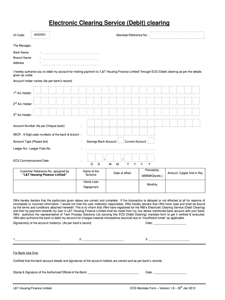 Fillable Online Electronic Clearing Service Debit clearing - LampT ...