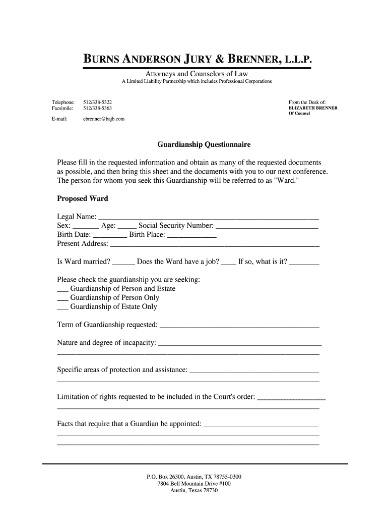 Fillable Online Guardianship Questionnaire - Burns Anderson Jury ...
