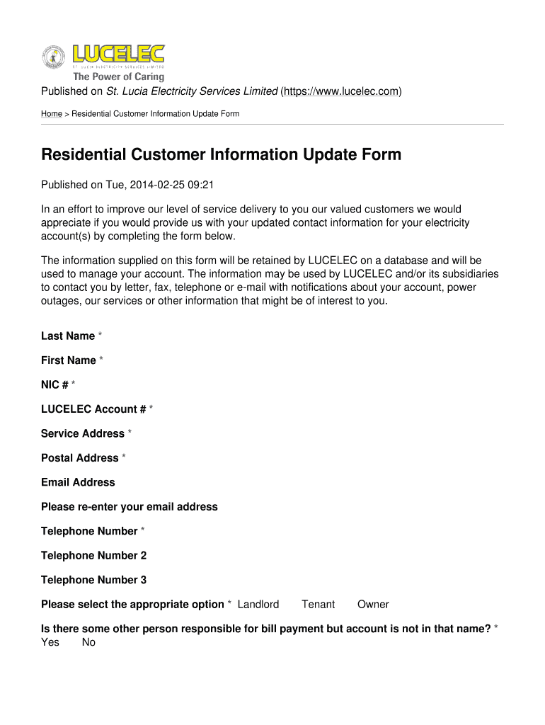 Fillable Online Residential Customer Information Update Form Fax Email ...