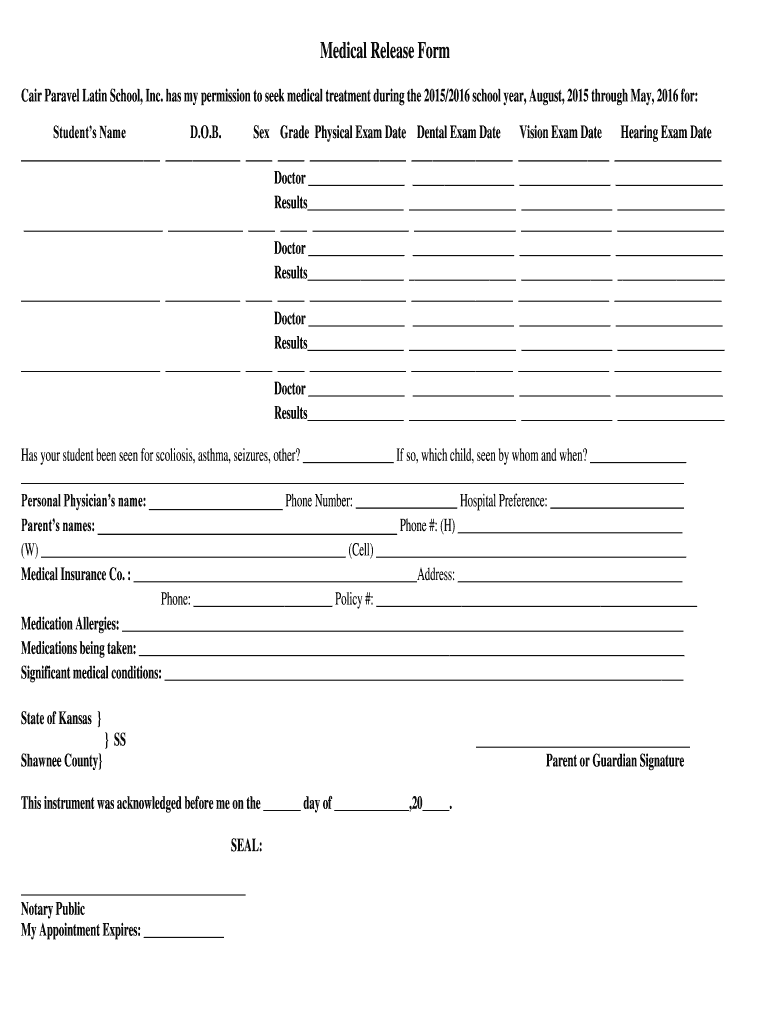 Fillable Online cpls Medical Release Form - Cair Paravel-Latin School ...