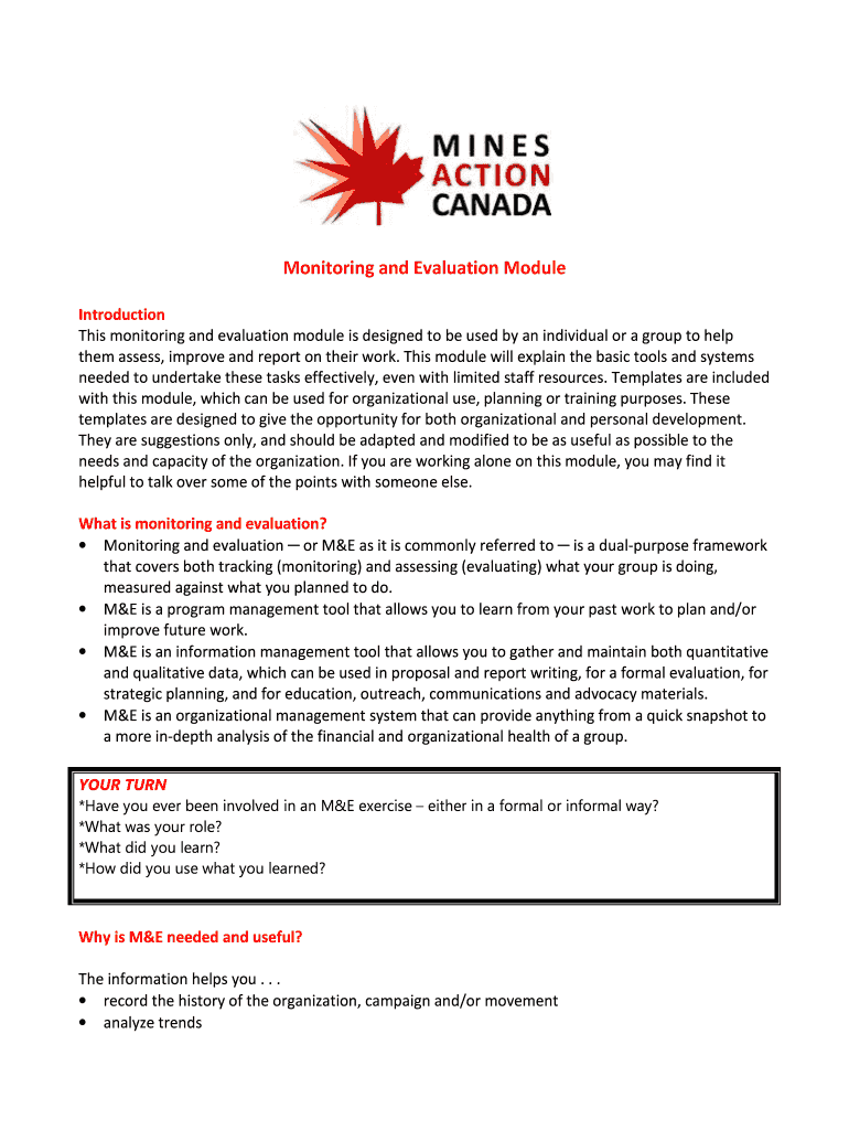 Fillable Online minesactioncanada Monitoring and Evaluation Module ...