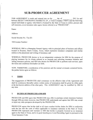 Fillable Online SUB-PRODUCER AGREEMENT - bsimb-binsbbcomb Fax Email ...