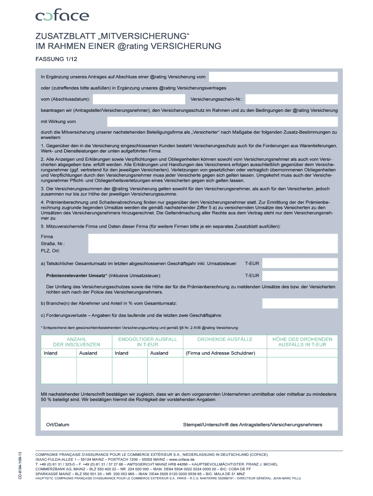 Ausfüllbar Online ZUsatZblatt MitversicherUng iM rahMen einer rating ...