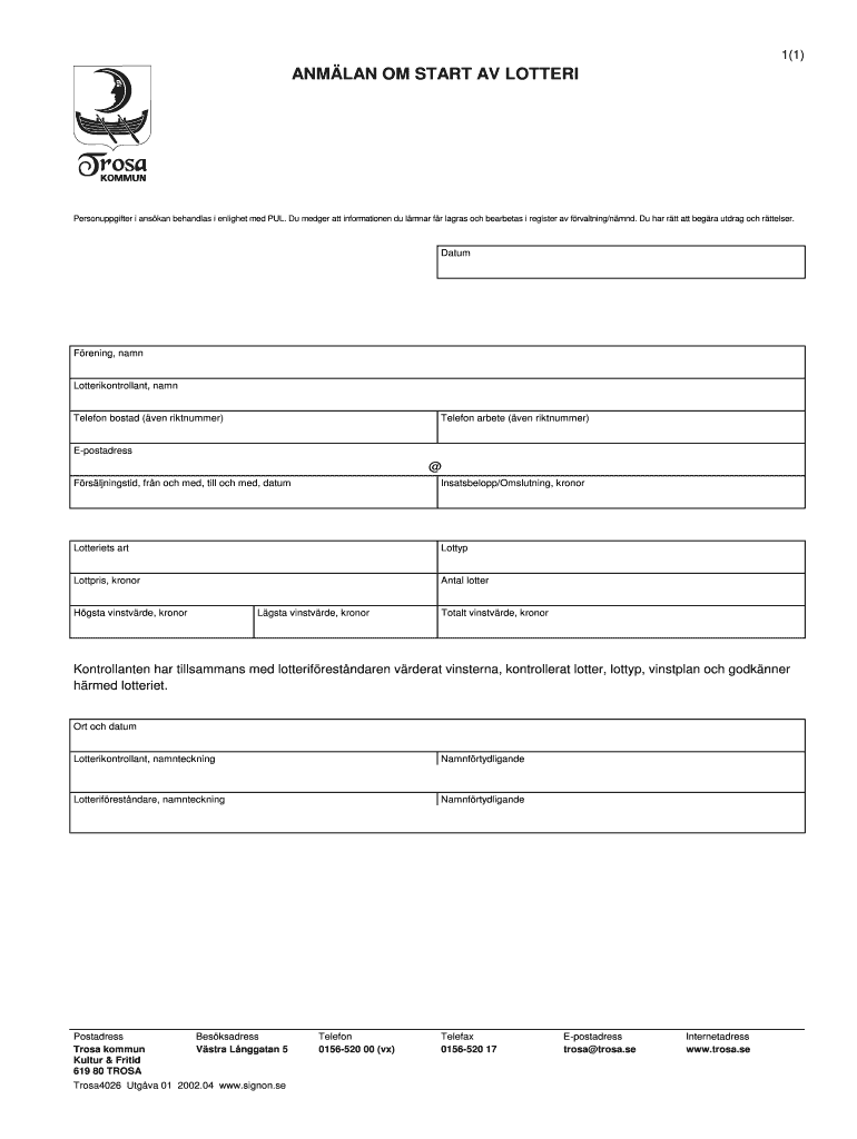 Fillable Online netinterbook trosa Anmlan om start av lotteri - netinterbooktrosase Fax Email ...
